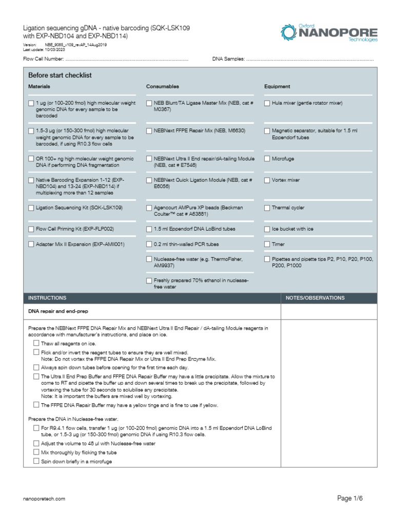 Ligation Sequencing gDNA - Native Barcoding (SQK-LSK109 With EXP-NBD104 ...