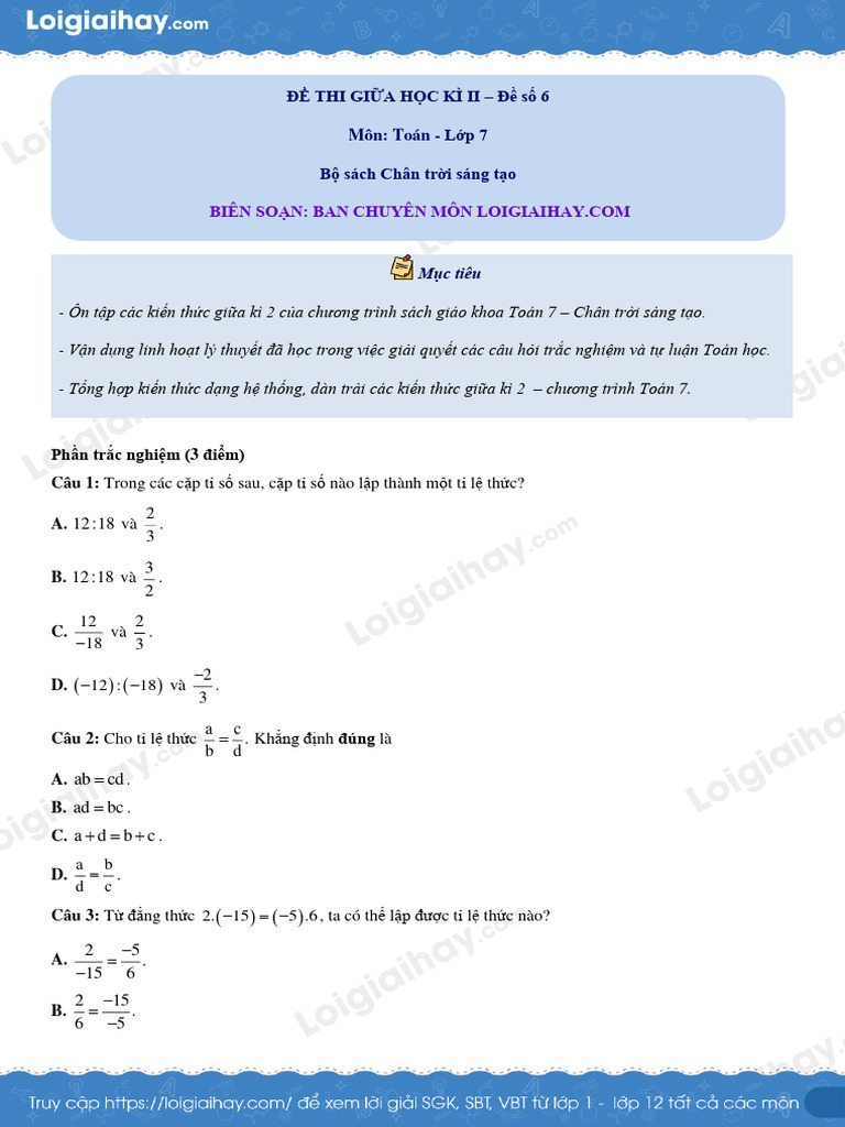 De Thi Giua Ki 2 Toan 7 Chan Troi Sang Tao de So 6 1706522430 | PDF
