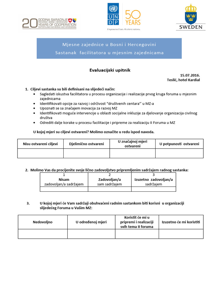 Evaluacijski Upitnik Za 15 07 2016 - Teslic | PDF