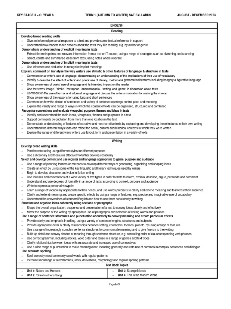 Ks3-O Y8 Sat Syllabus T1 Dec 2023 | PDF | Blood | Respiratory System