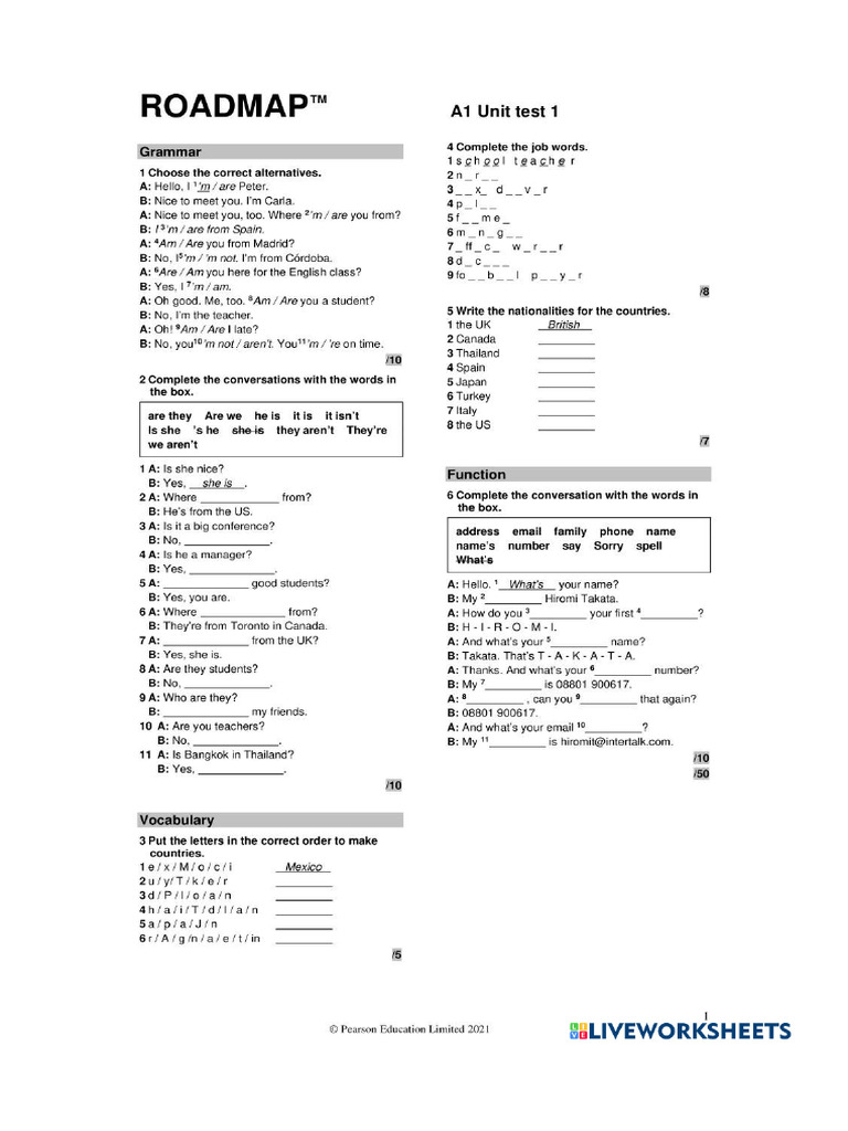 Roadmap A1 Test Unit 1 | PDF