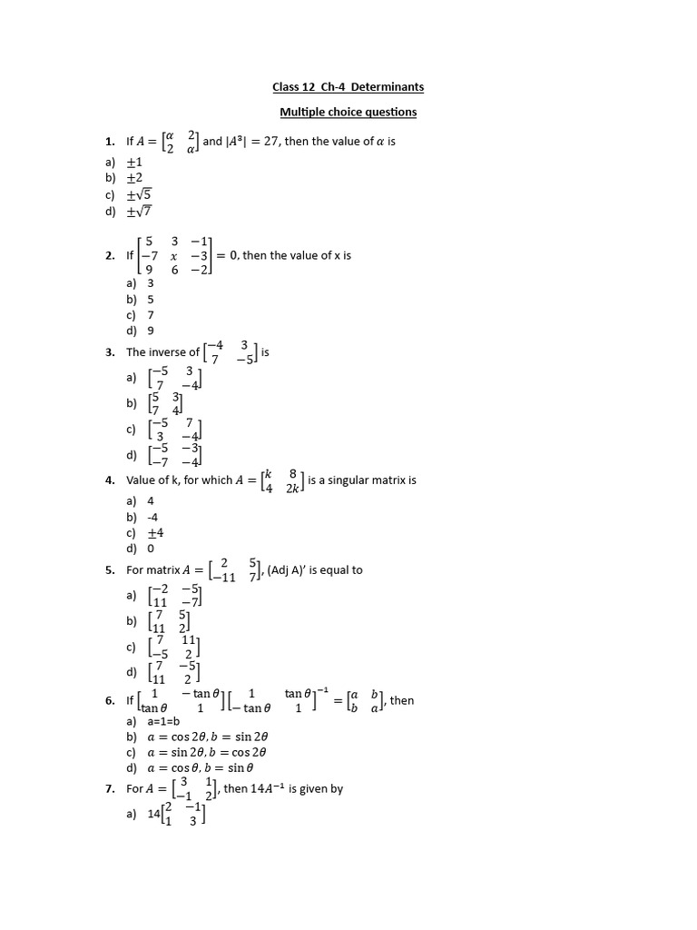 Class 12 Maths: Determinants MCQs | PDF | Matrix (Mathematics ...