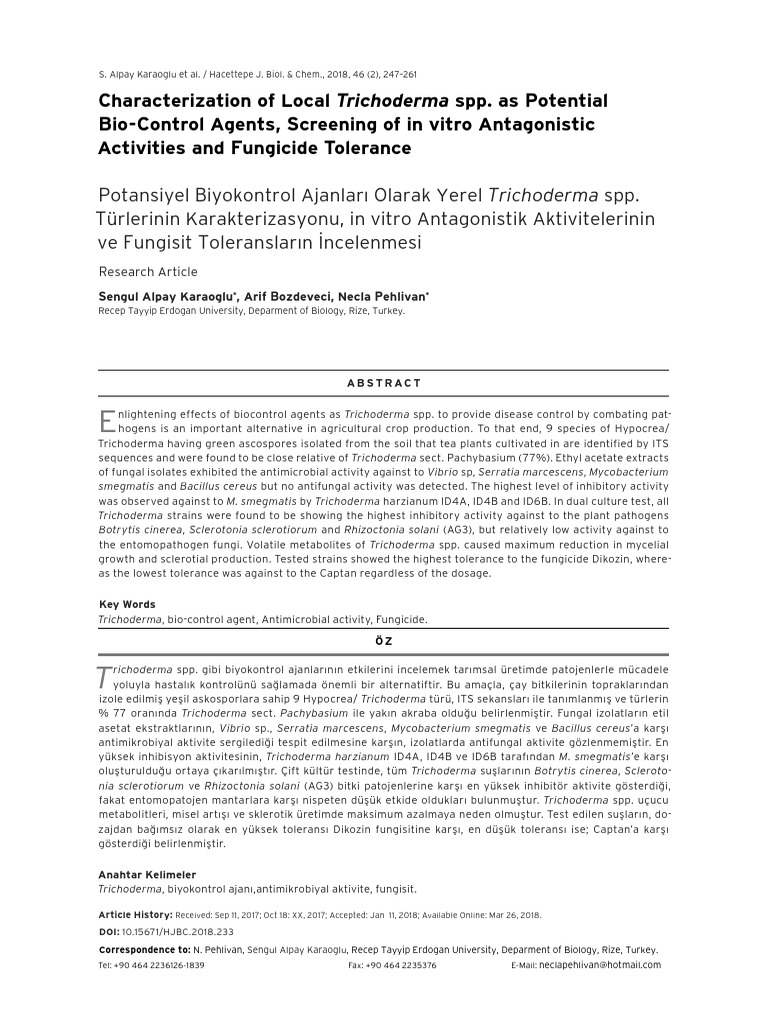 Characterization of Local Trichoderma Spp. As Potential Bio-Control Agents, Screening of in ...