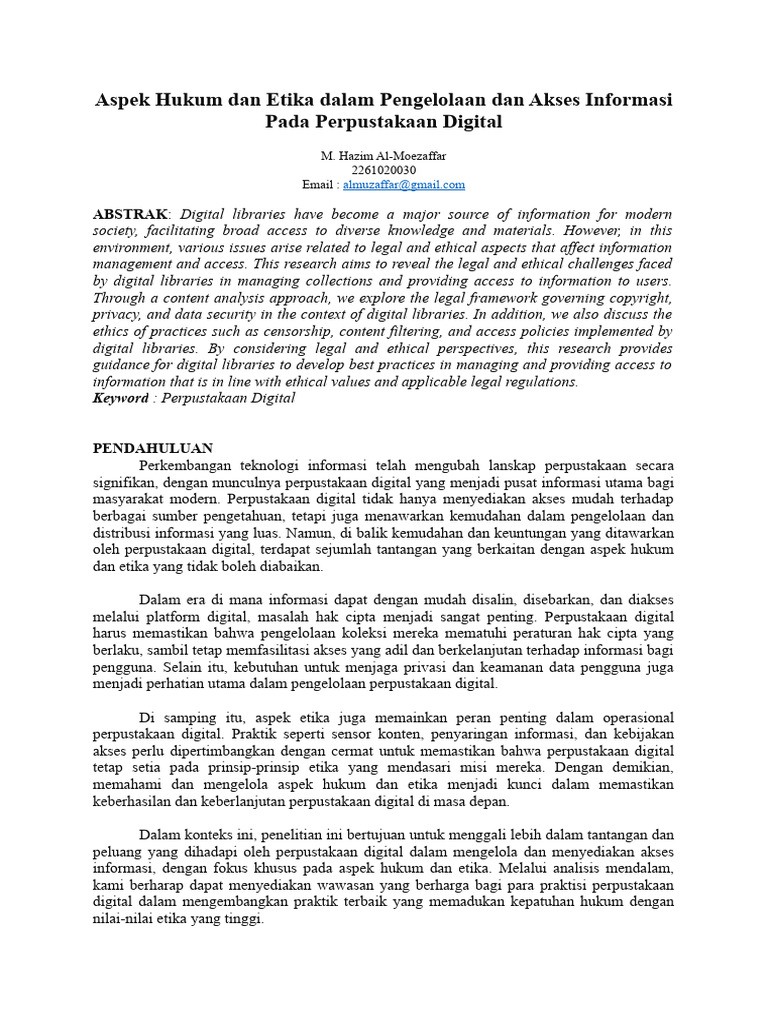 Aspek Hukum Dan Etika Dalam Pengelolaan Dan Akses Informasi Pada Perpustakaan Digital | PDF ...