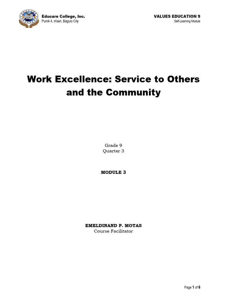 Module 3 - Work Excellence - Service To Others and The Community | Download Free PDF ...