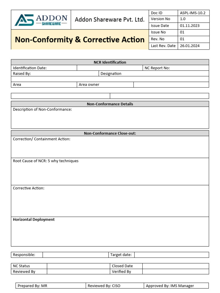 ASPL-IMS-10.2 Non Conformity & Corrective Action | PDF
