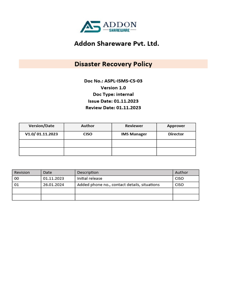 ASPL-IsMS-C5-03 Disaster Recovery Policy | PDF | Disaster Recovery | Backup