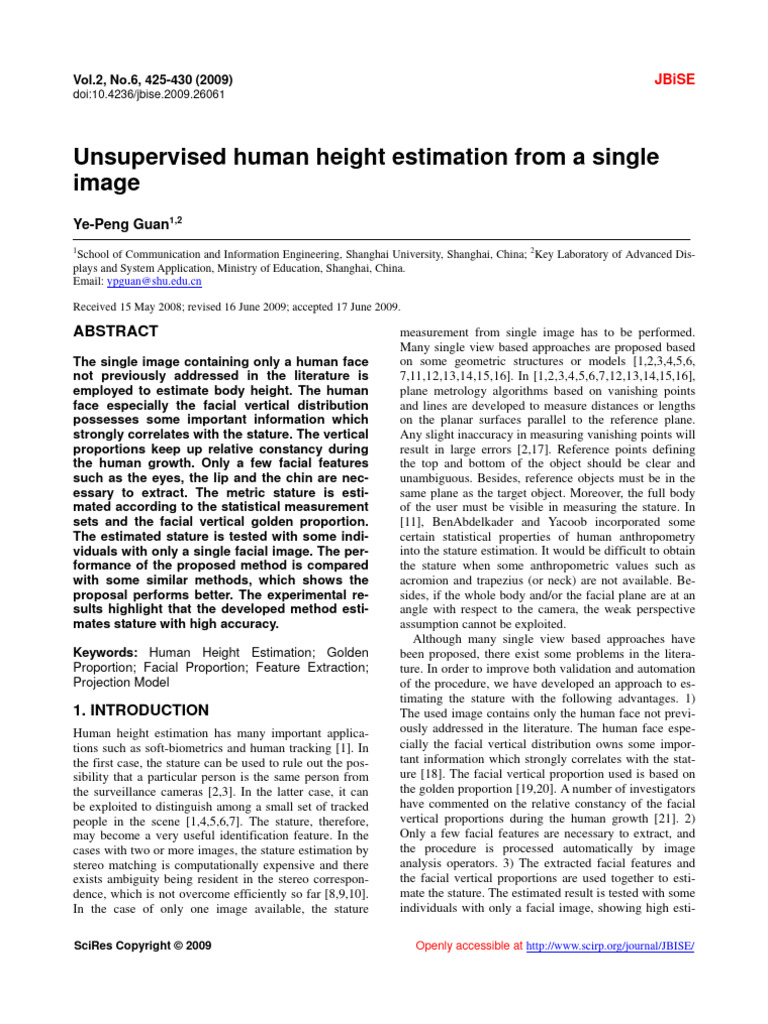 Unsupervised Human Height Estimation From A Single | PDF | Face | Anthropometry