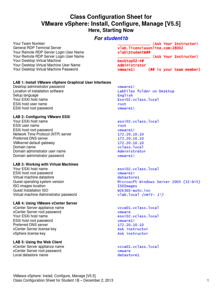 VMware vSphere 5.5 Class Config Sheet | PDF | V Mware | Server (Computing)