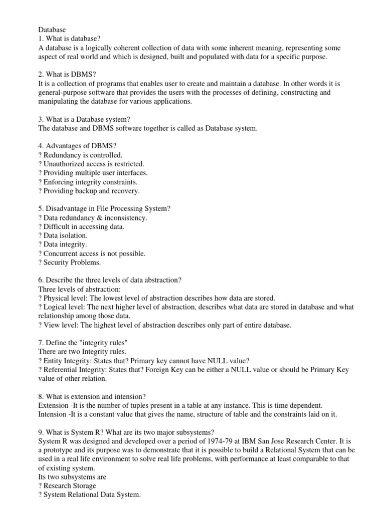 Dbms Imp Questions Answers Pdf Relational Database Databases