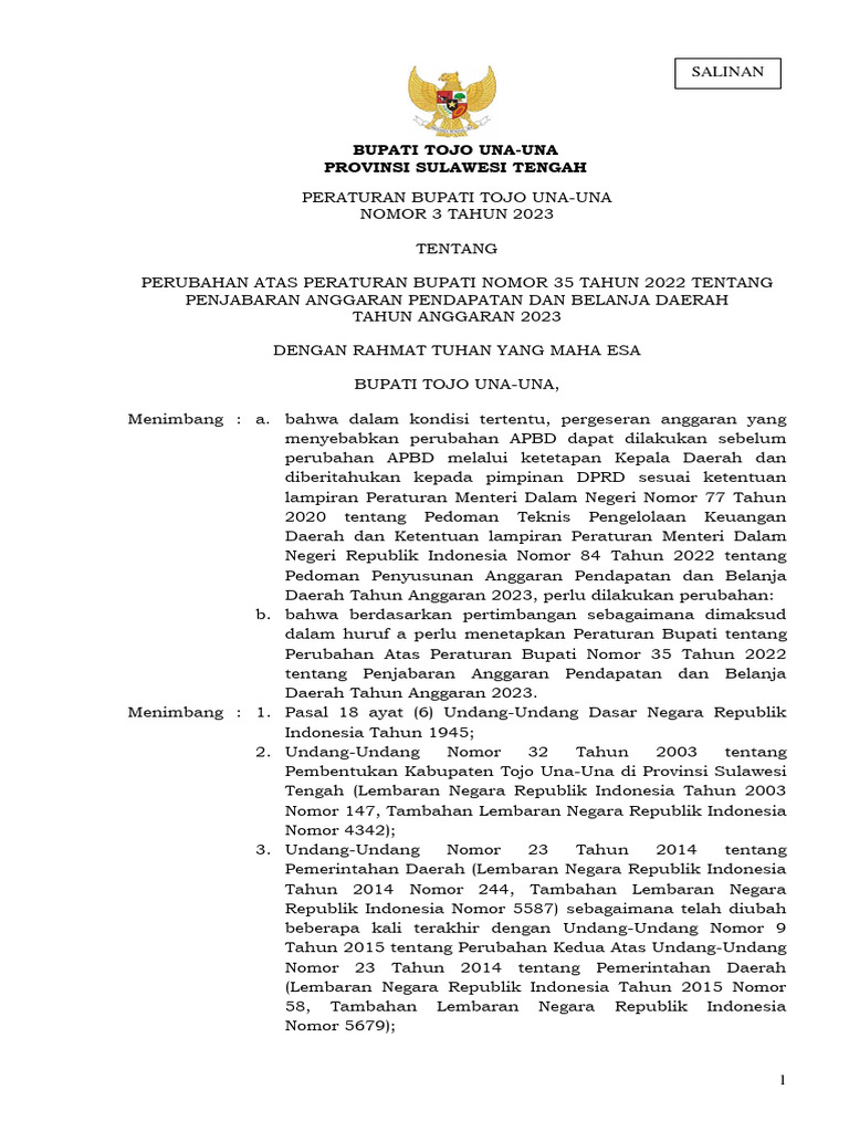 Perbup No 3 Tahun 2023 TTG Perubahan Atas Perbup Nomor 35 Tahun 2022 Tentang Penjabaran Anggaran ...