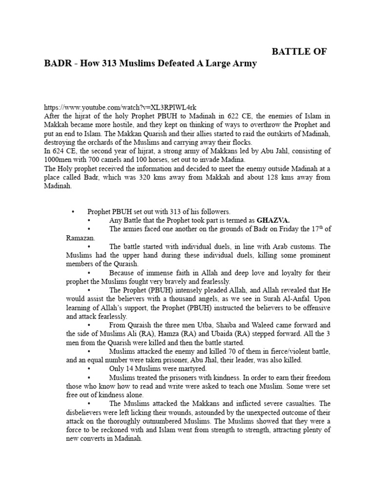 BATTLE OF BADR Lesson | PDF | Muhammad | Abrahamic Religions