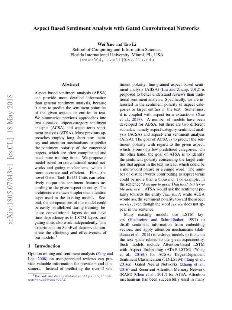 Aspect Based Sentiment Analysis With Gated Convolutional Networks | PDF | Artificial Neural ...
