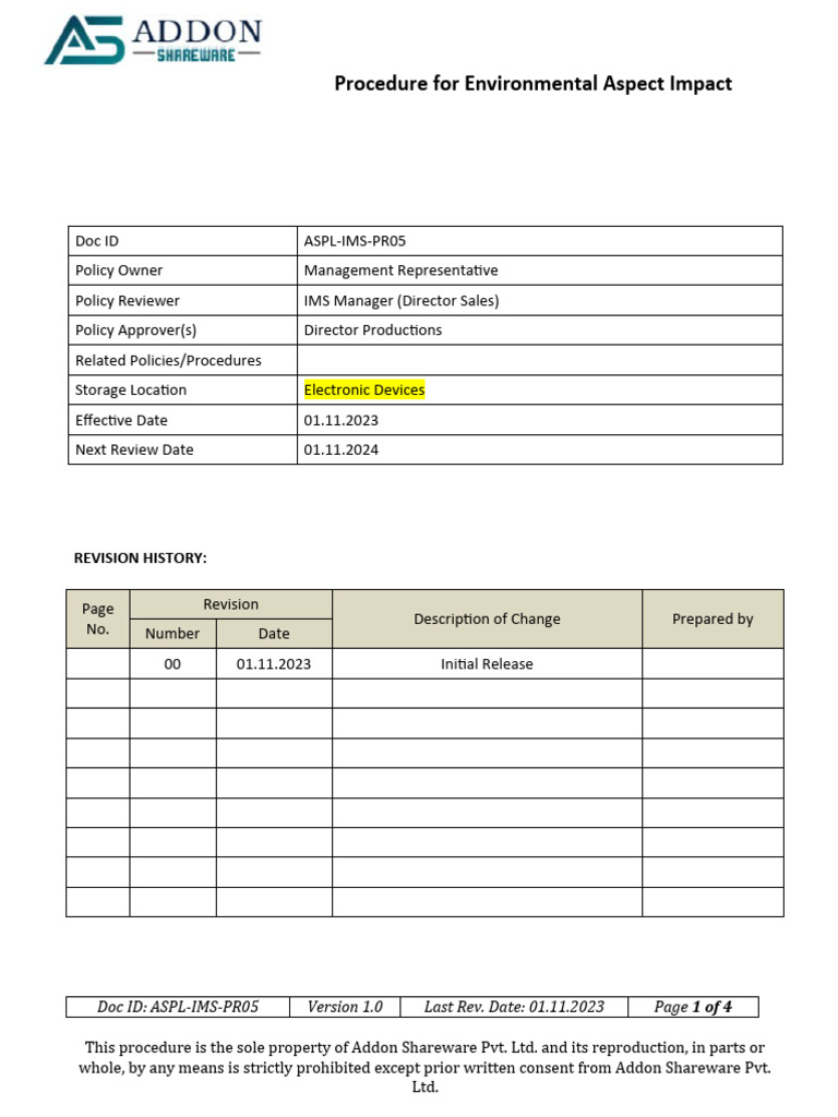 ASPL-IMS-PR05 Procedure For Environmental Aspect Impact | PDF | Life Cycle Assessment | Natural ...
