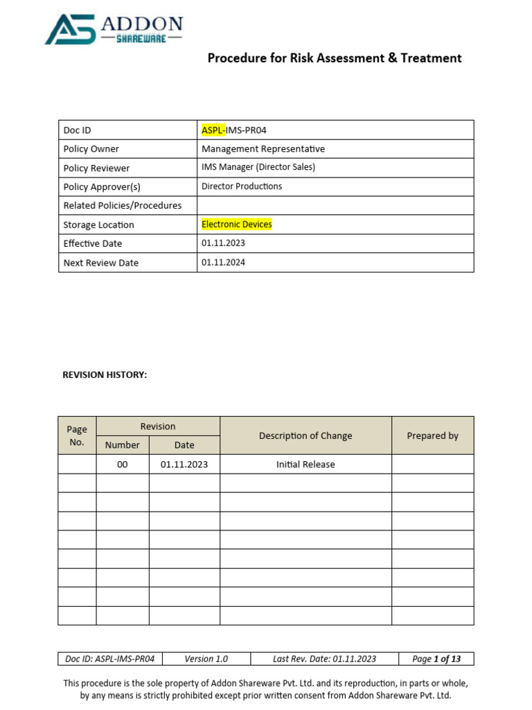 ASPL-IMS-PR04 Procedure For Risk Assessment & Treatment | PDF | Risk ...