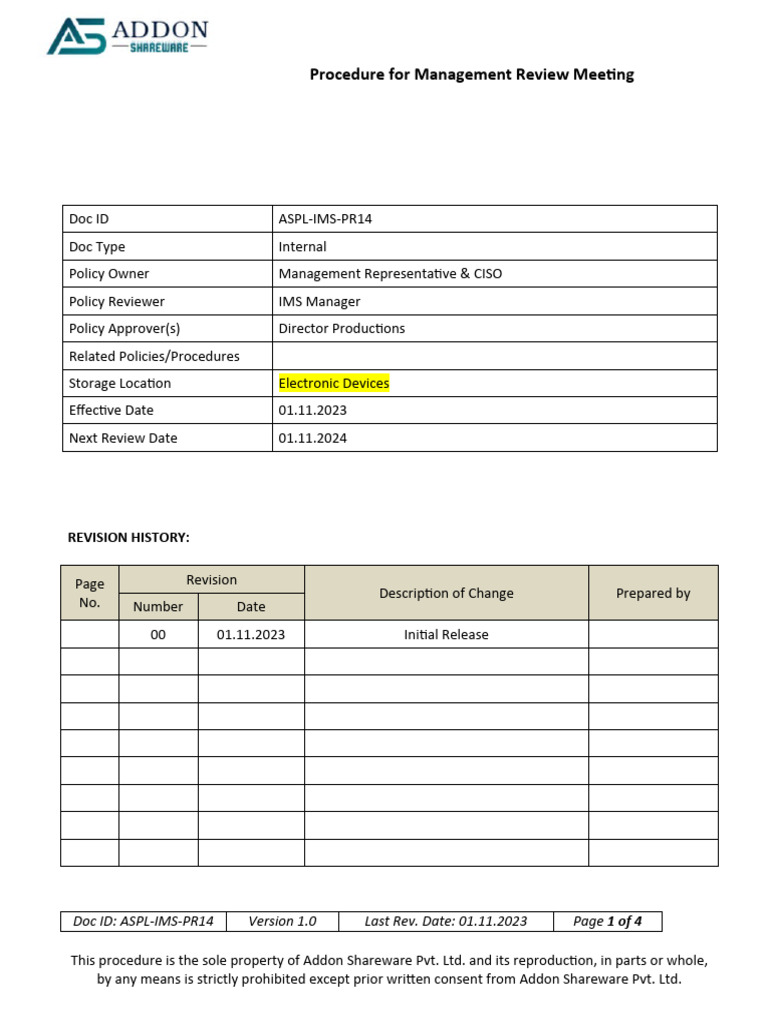 ASPL-IMS-PR14 Procedure For Management Review Meeting | Download Free ...