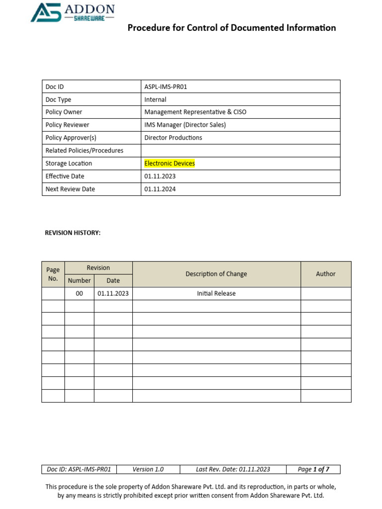 ASPL-IMS-PR01 Procedure For Control of Documented Information | PDF ...