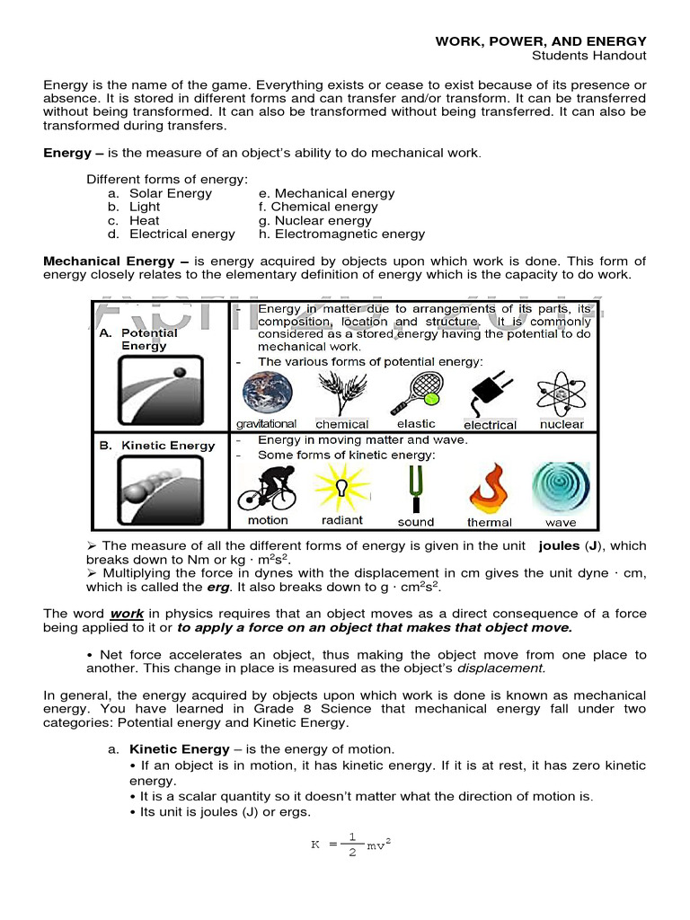 Work Power and Energy Handout | PDF | Potential Energy | Force