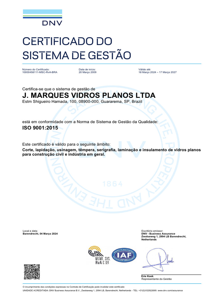 Certificação ISO 9001:2015 Vidros Planos | PDF