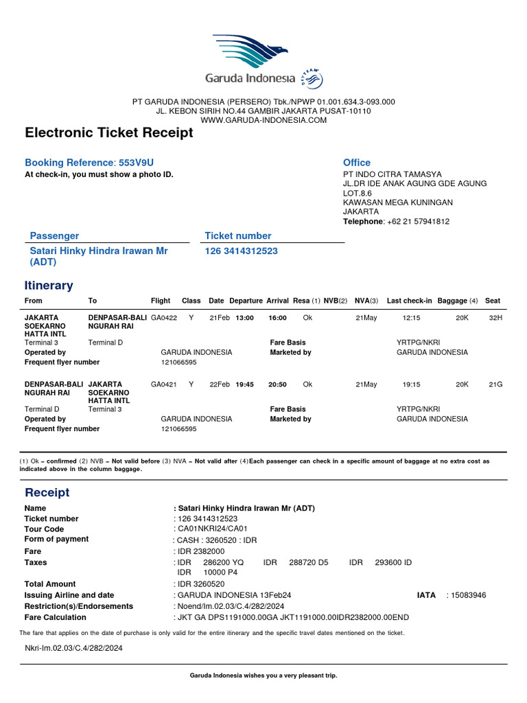 Garuda Indonesia Electronic Ticket Receipt | PDF