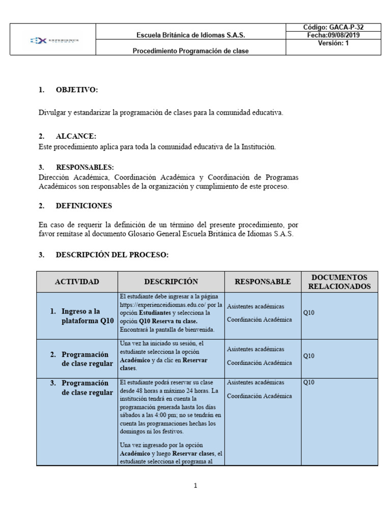 Procedimiento Programaciòn de Clase | PDF