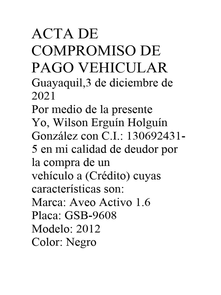 Acta de Compromiso de Pago Vehicular | PDF | Crédito | Finanzas y dinero