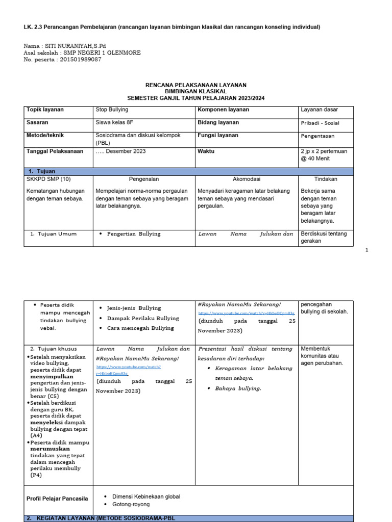 LK. 2.3 Perancangan Pembelajaran - Rancangan Layanan Bimbingan Klasikal ...