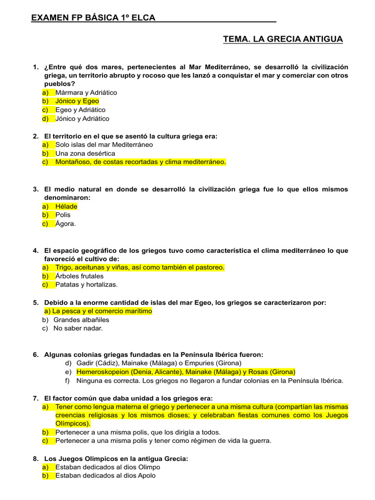 SOLUCIONARIO - Ficha de Ejercicios GRECIA | PDF | Antigua Grecia ...