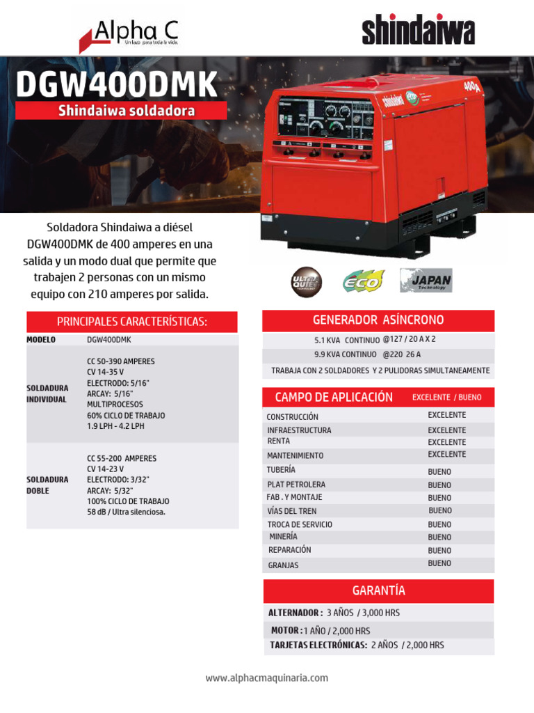 Ficha Tecnica Soldadora Shindaiwa DGW400DMK 1 | PDF | Soldadura | Construcción