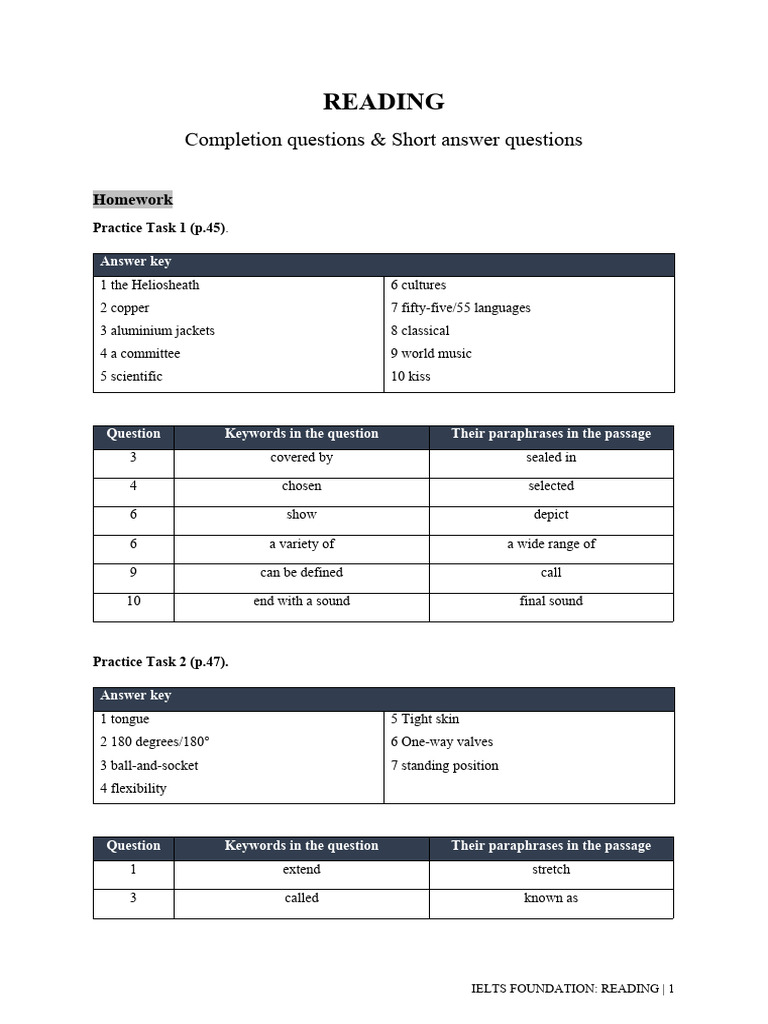Answer Key L1. Reading - Completion & Short Answer Questions | PDF