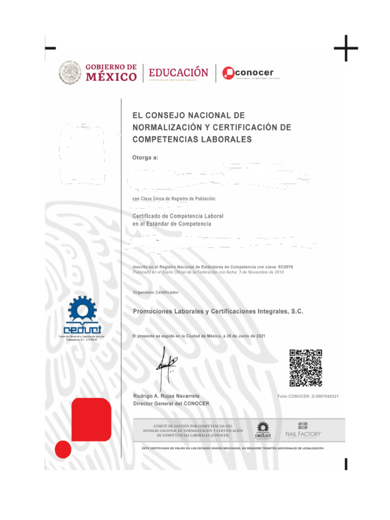 Certificado Uñas Sep Conocer PDF | PDF