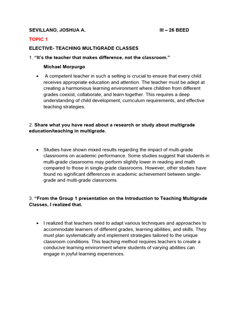 Elective - Teaching Multigrade Classes Compi | PDF | Teachers | Learning