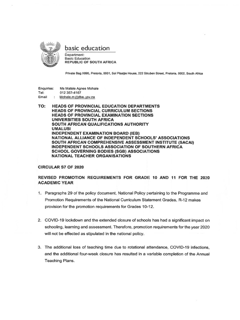 Circular S7 of 2020 Revised Promotion Requirements For Grade 10-11 ...