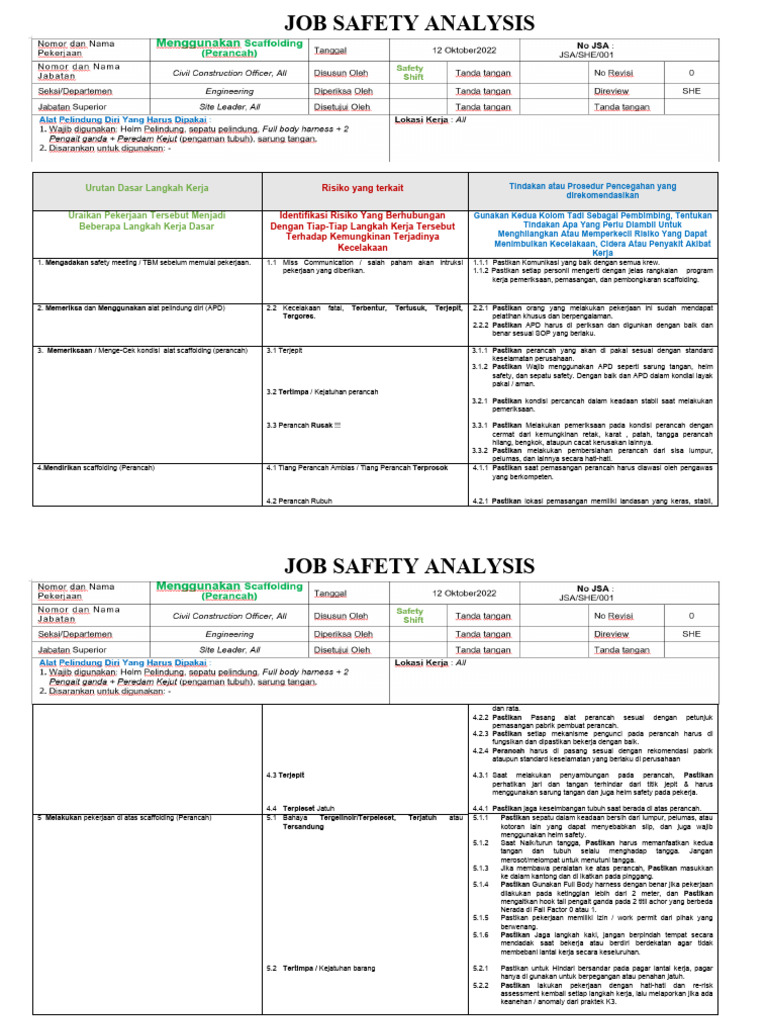 01 Contoh Simple JSA Scaffolding Perancah Doc Sapta | PDF