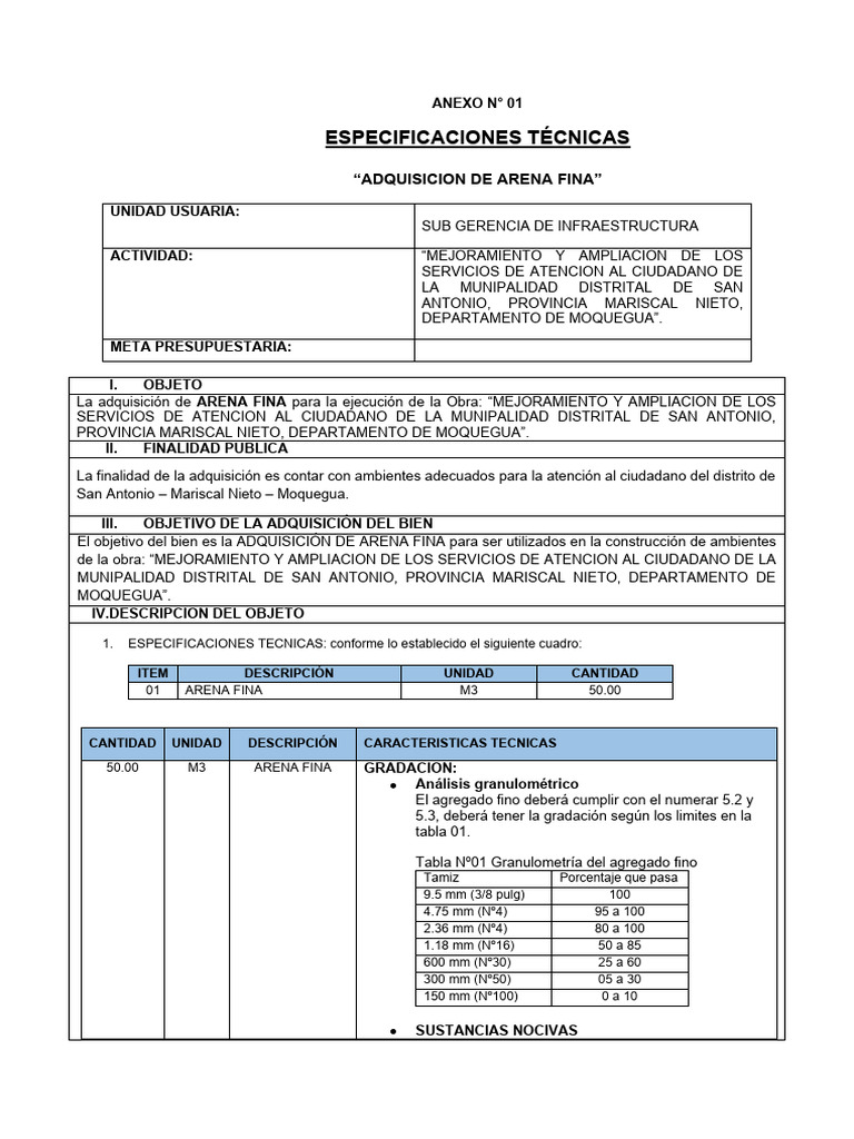 Especificaciones para Adquisición de Arena Fina | PDF