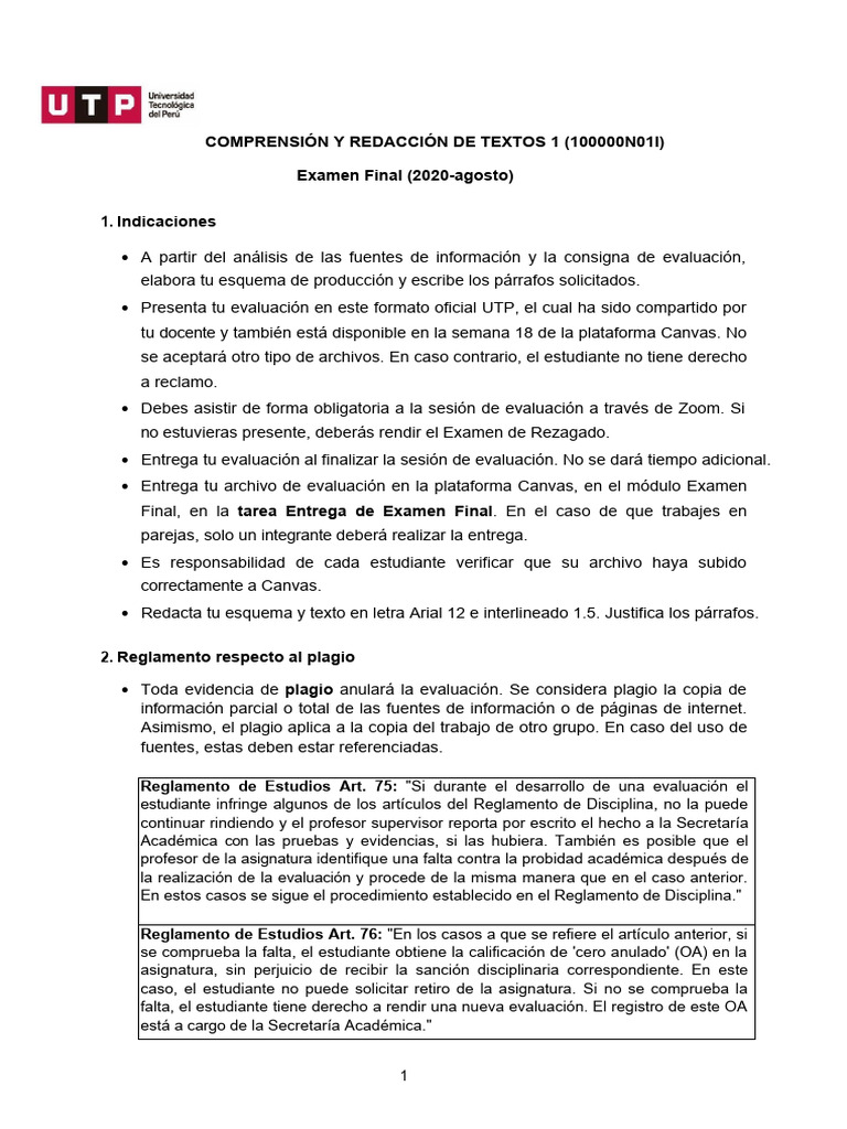 100000N01I COMPRENSIÓN Y REDACCIÓN DE TEXTOS 1-EXAMEN FINAL (Formato Oficial UTP) - 1 | PDF ...