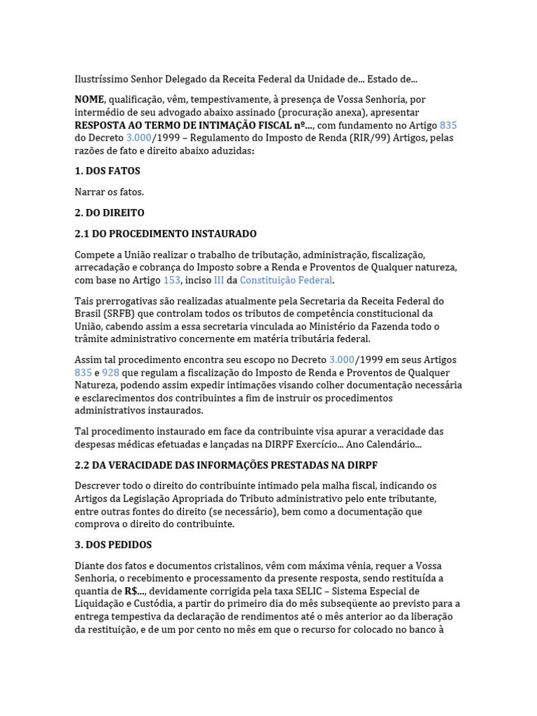 Modelo de Resposta A Termo de Intimacao Malha Fiscal Receita Federal ...
