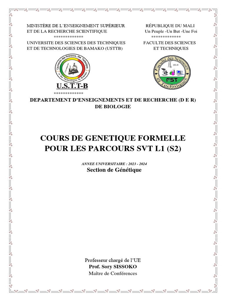 Cours de Génétique Formelle L1 SVT | PDF | Mitose | Chromosome