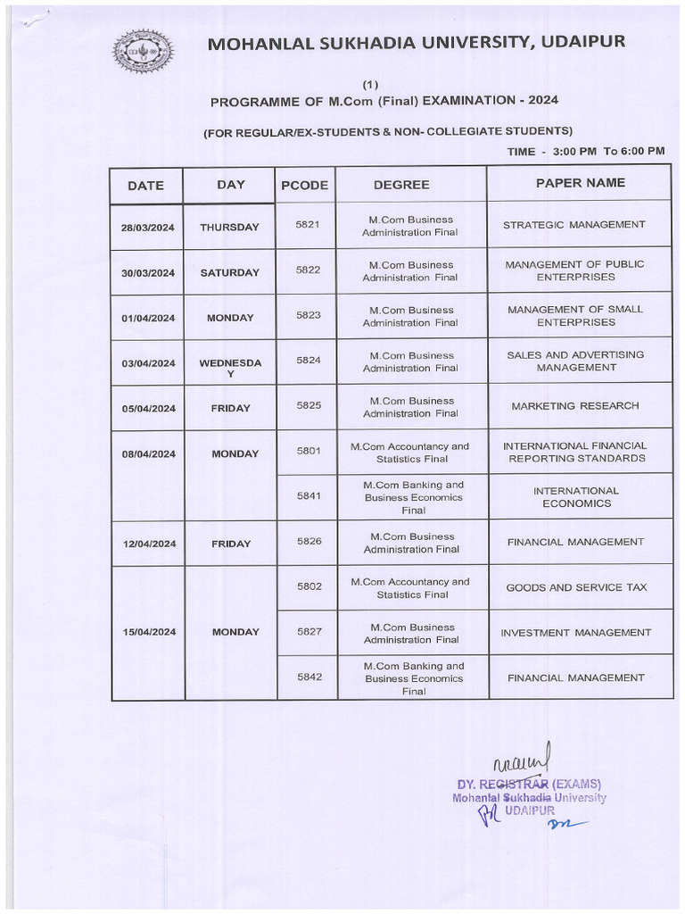 Time Table of M.com Final Year Examination - 2024 (For Regular - Ex ...