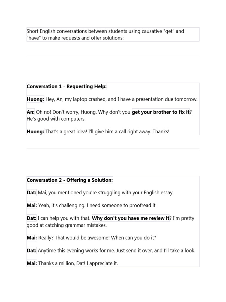 Short English Conversations Between Students Using Causative "Get" and ...