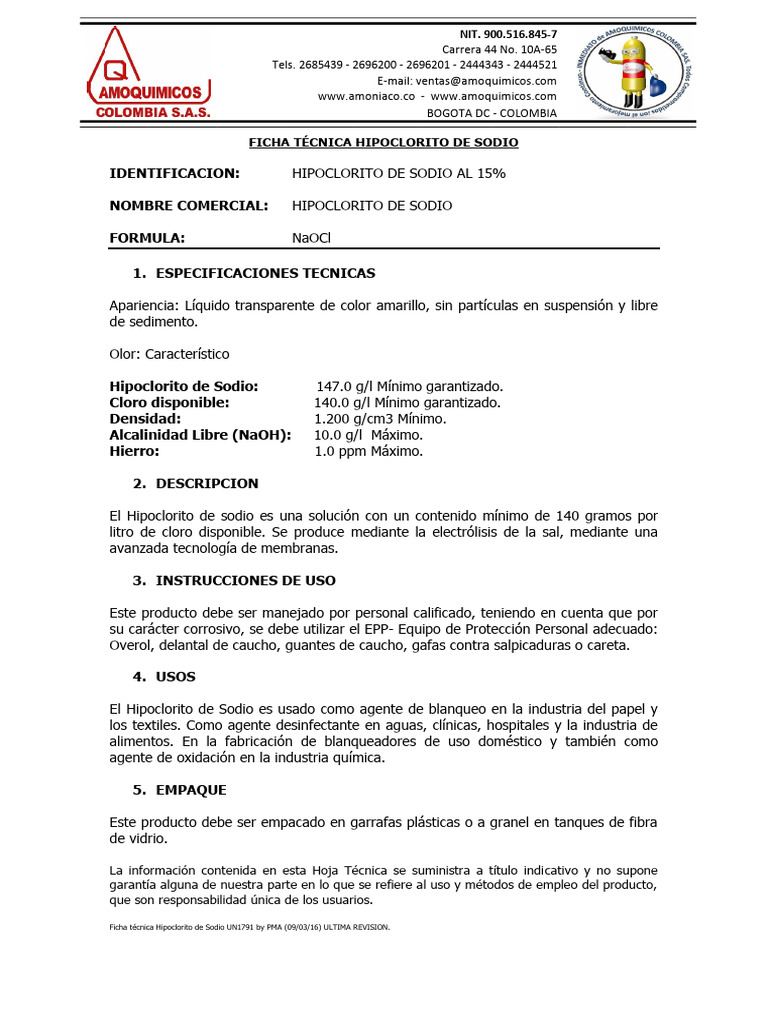 Ficha Tecnica Un1791 Al 15% Hipoclorito de Sodio | PDF | Sustancias ...