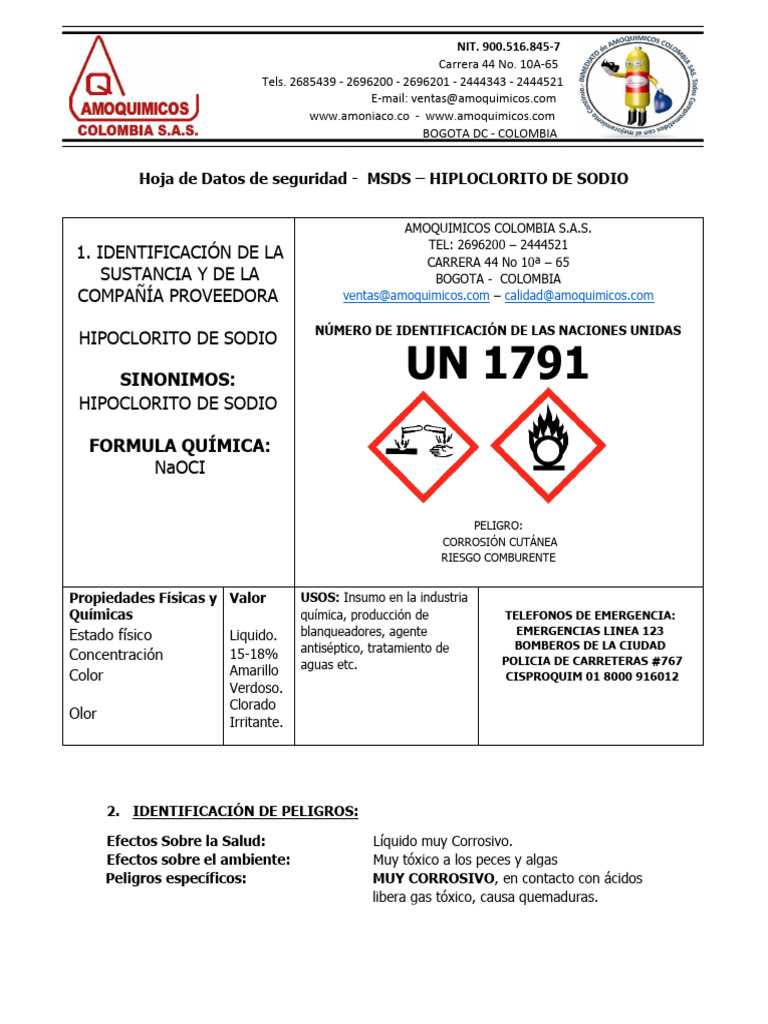 Hoja de Seguridad: Hipoclorito de Sodio UN 1791 | PDF | Agua | Corrosión