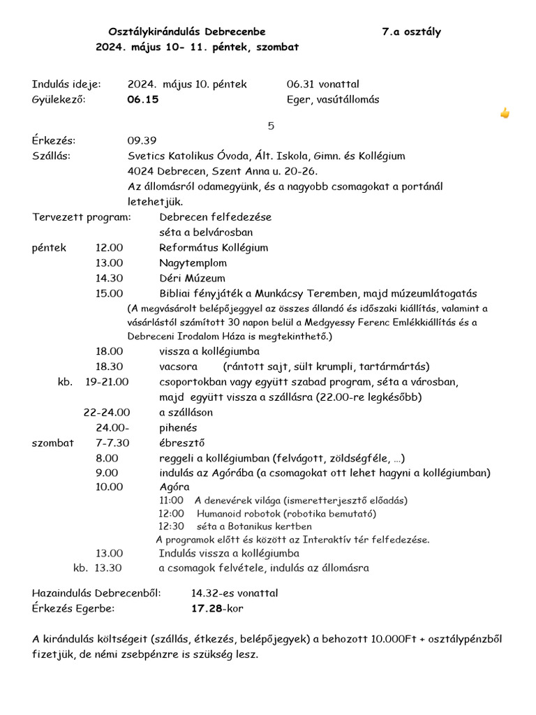 Osztálykirándulás 7. A - 2024 | PDF