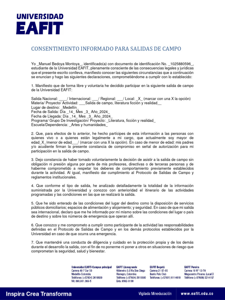 Consentimiento Salida de Campo EAFIT | PDF