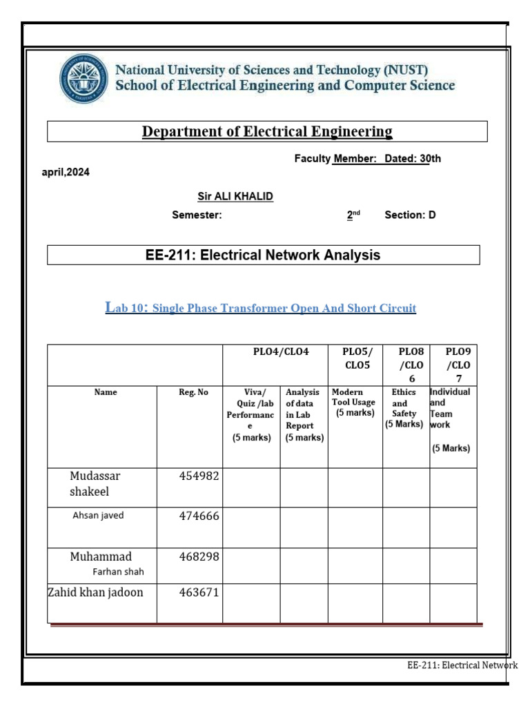 Mudassar 10 Lab | PDF | Transformer | Electrical Network