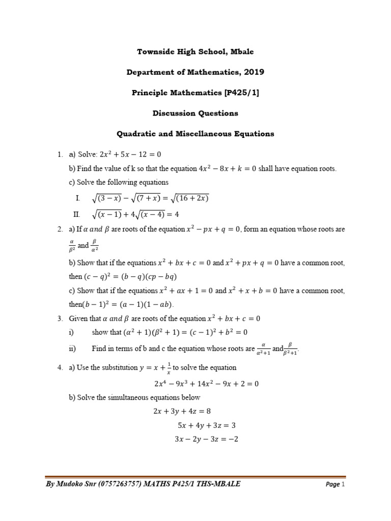 Pure Maths Topical Questions | PDF | Equations | Quadratic Equation
