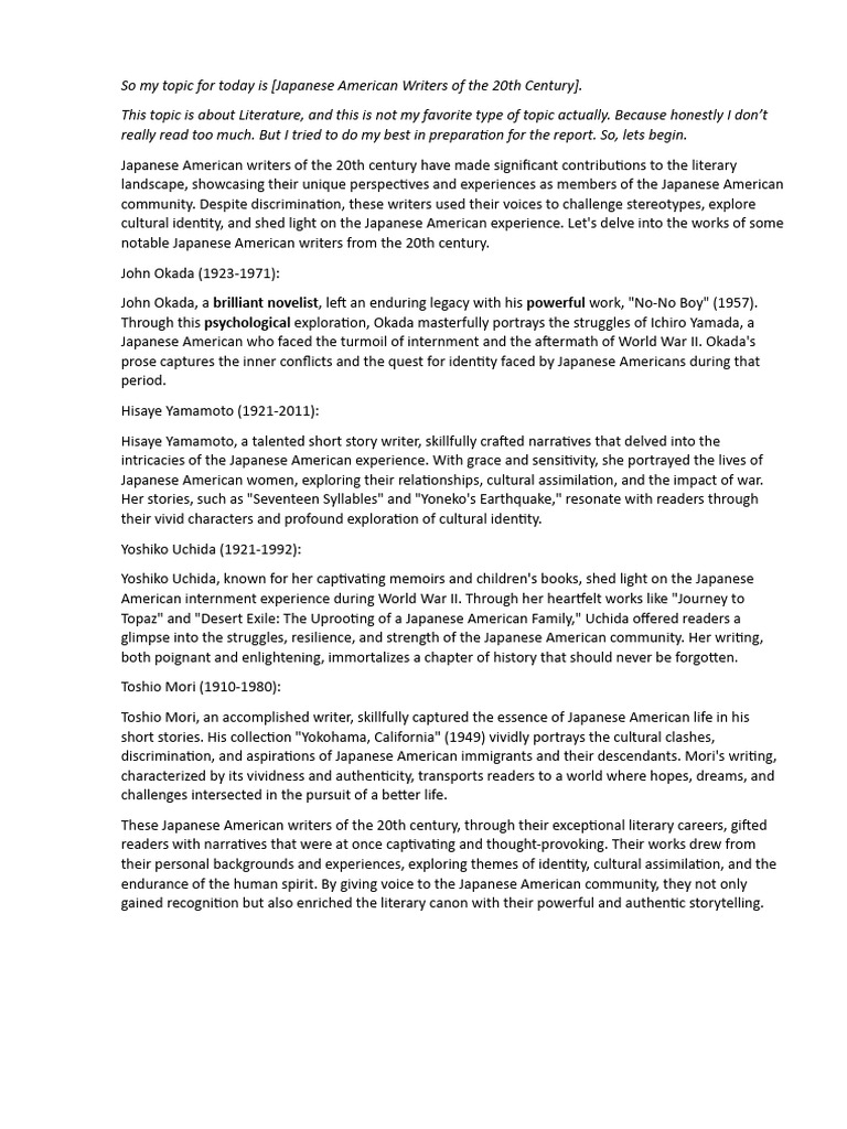 Japanese American Writers' Impact | PDF | Classics