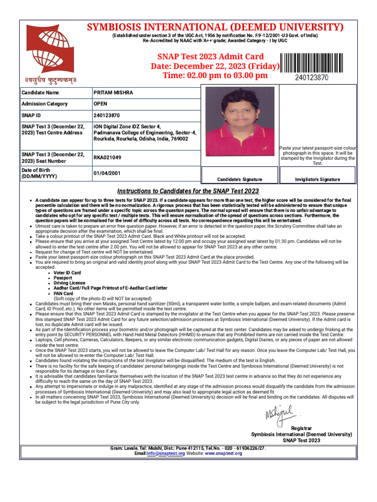 Admit Card - SNAP 2023 | PDF | Identity Document | Authentication