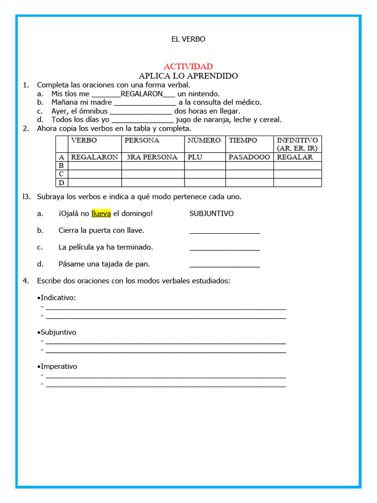 Actividades sobre el verbo en español | PDF