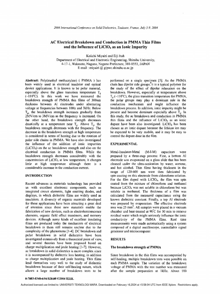 AC Electrical Breakdown and Conduction in PMMA Thin Films and The ...